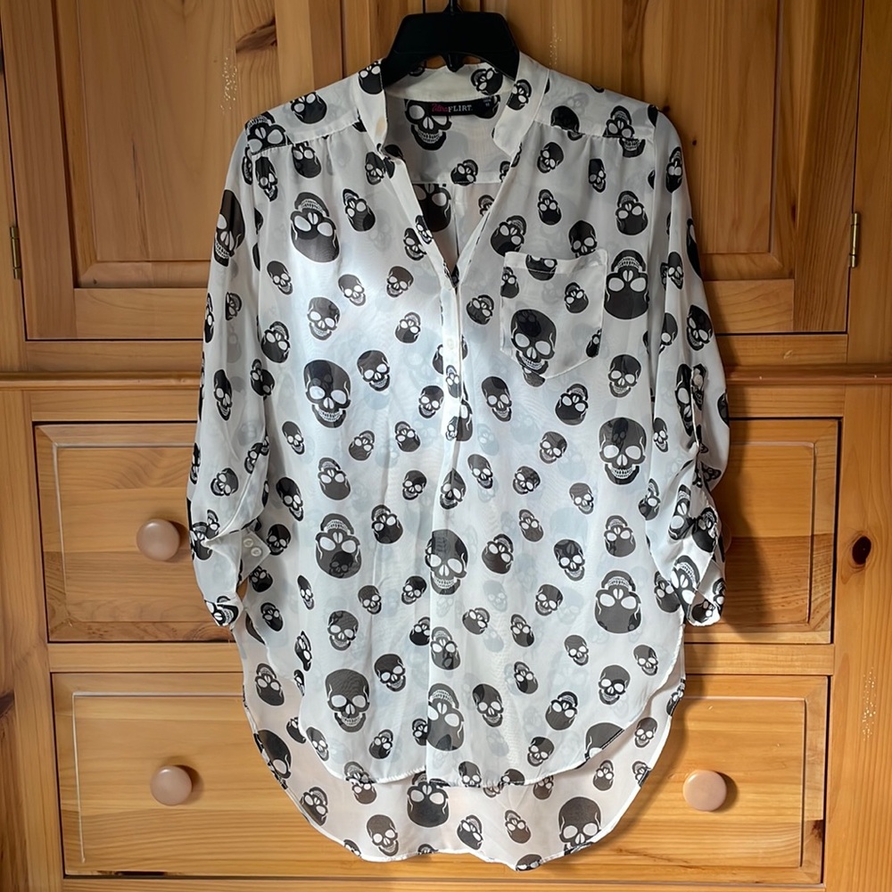 Vintage Ultra Flirt Skull Heads Sheer Blouse - Gem